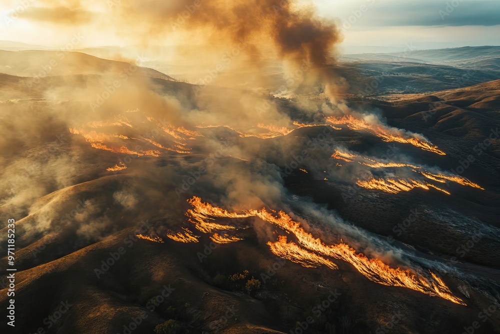 Aerial view of smoke rising from a wildfire, creating dramatic patterns ...