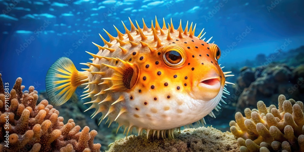Vibrant orange and white puffer fish, inflated and poised on a coral ...