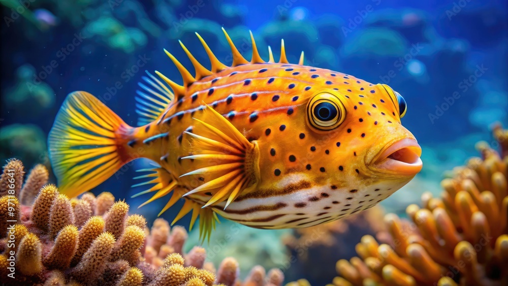 Vibrant orange Atlantic puffer fish with striking yellow stripes and ...