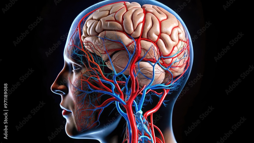 Diagram of veins in the human brain, illustrating the complex blood ...