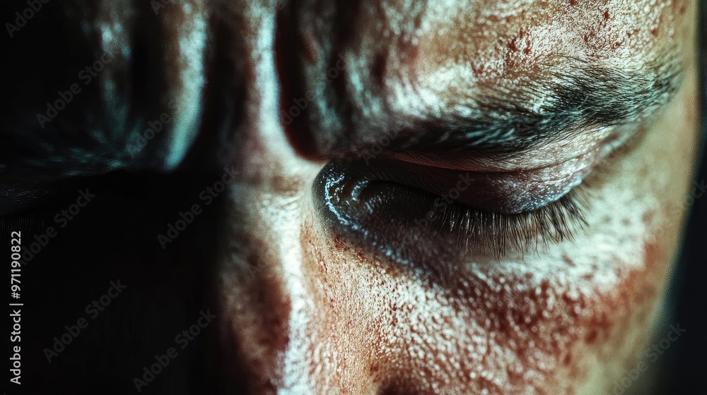 Close-up of a pensive male face, highlighting intense emotion and ...
