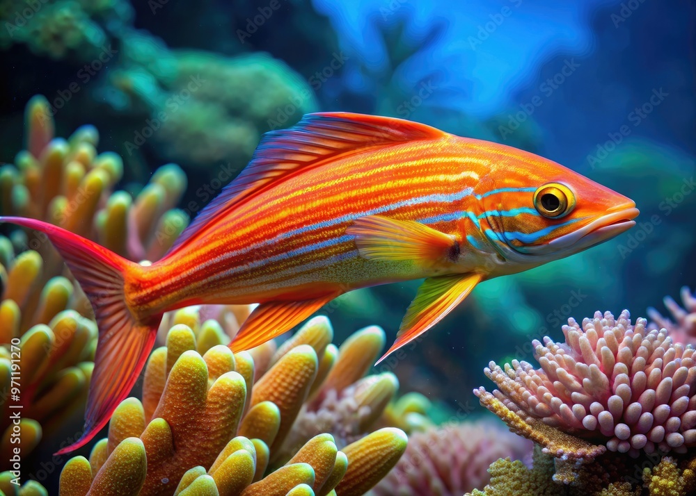 Vibrant orange ribbonfish with iridescent scales and flowing fins swims ...