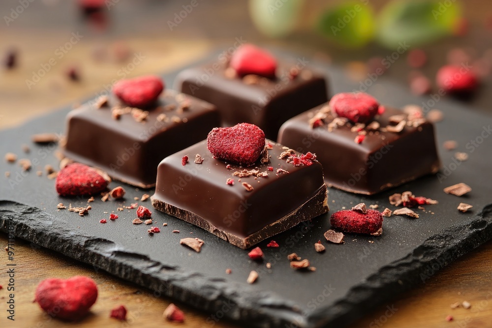 Delicious chocolate candy decorated with raspberry crumbs and freeze ...