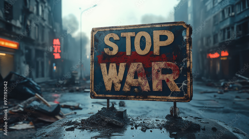 A powerful image depicting a war-torn city street with a heavily ...