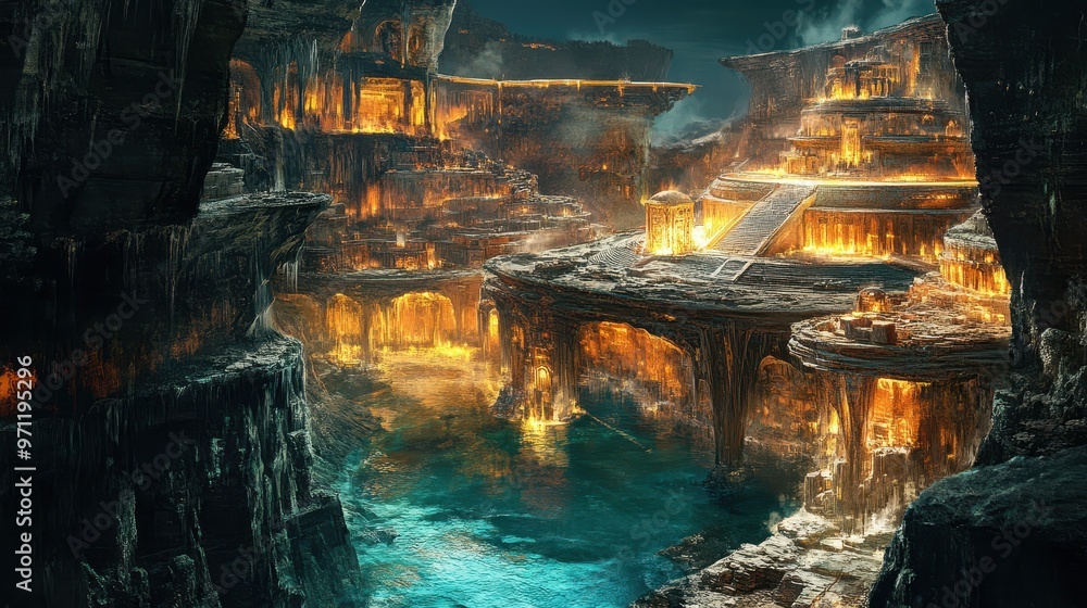 Earth cutaway showing ancient underground cities beneath the surface ...