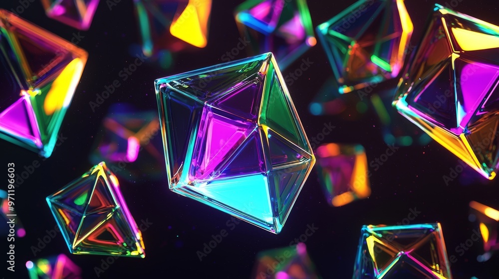 Neon-colored geometric prisms suspended mid-air with glowing edges on a ...