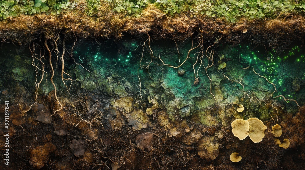 Cutaway of a forest floor, showing detailed root systems and ...
