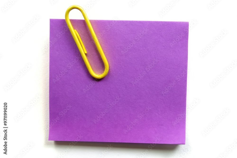 Vibrant purple sticky note with a yellow paperclip attached, isolated ...