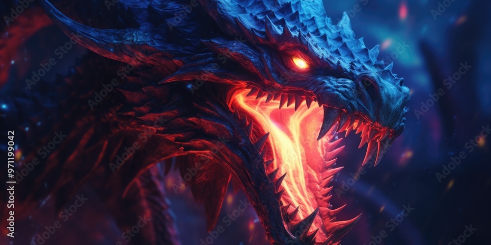 The close up picture of the fantasy dark dragon is opening the mouth to ...