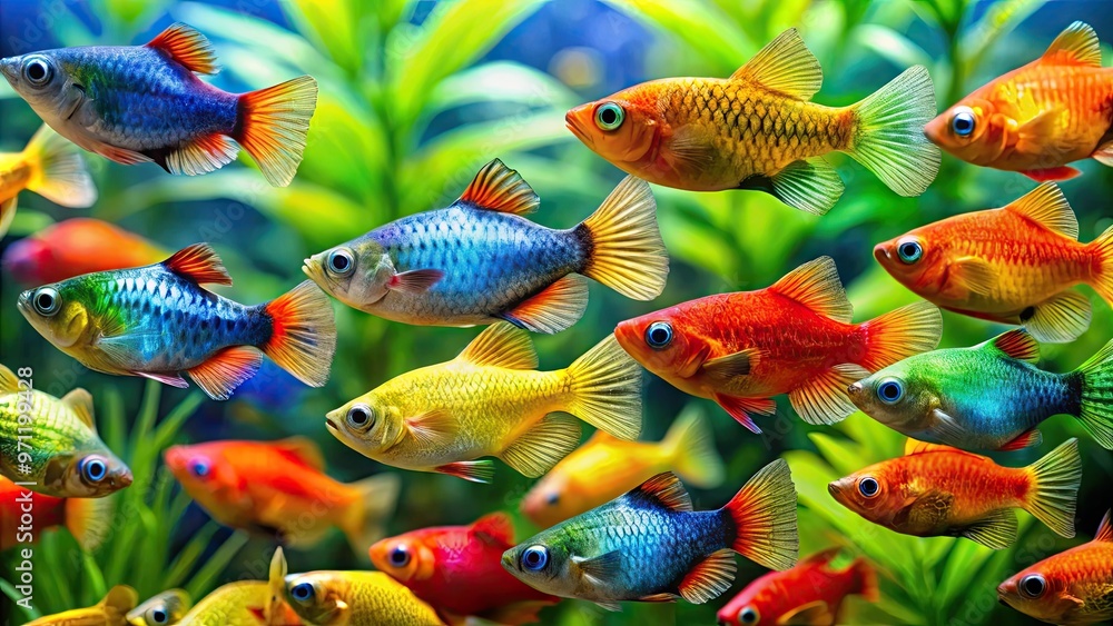 Vibrant rainbow platy fish swim together in a school, displaying their ...
