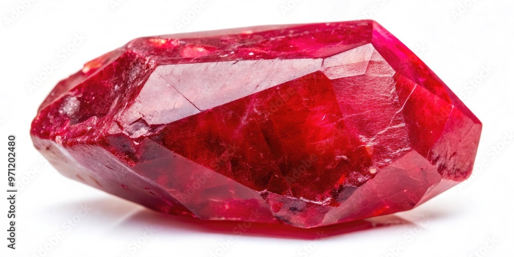 Vibrant red rough-cut ruby gemstone with inclusions and imperfections on a white background ...
