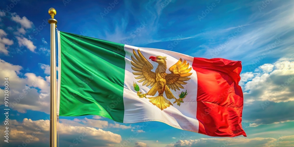 Vibrant red, white, and green tricolor flag with golden eagle emblem ...