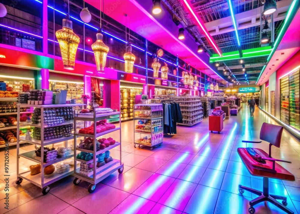 Vibrant store interior with bright signage and neon lights advertising ...