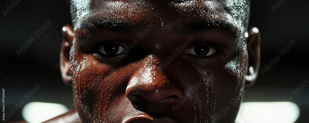 Boxer s face in focus, sweat dripping under a harsh overhead light ...