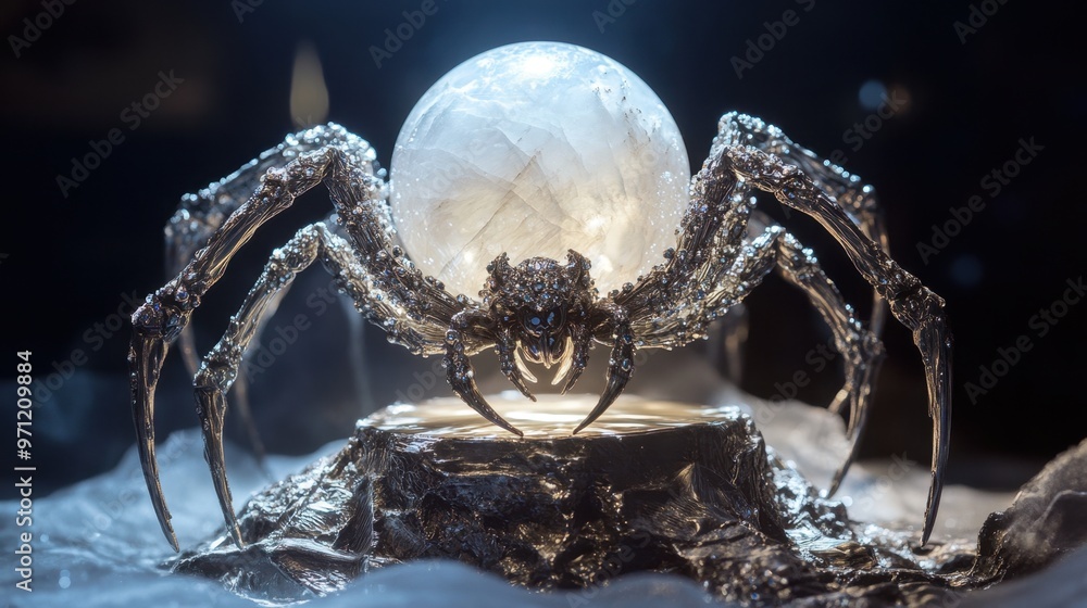Silver spider web podium with jewel-encrusted spider, moonstone orb ...
