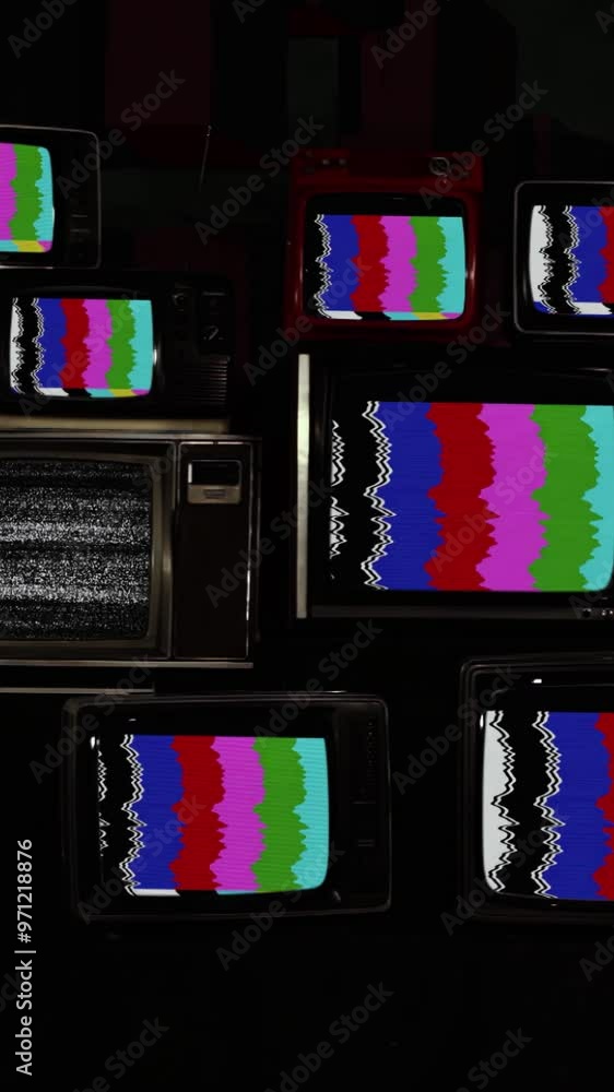 Color Bars and Static on Stacked Vintage TVs Turning On - Vertical 4K ...