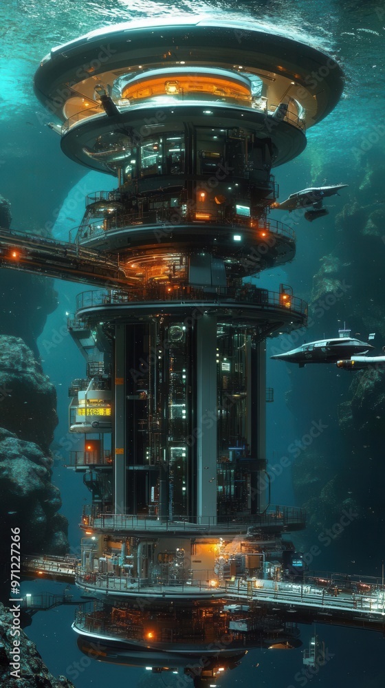 Cutaway of an underwater research station revealing labs, living ...