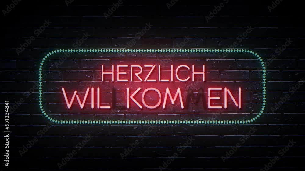 Red and blue neon Herzlich Willkommen word animation. Suitable for ...