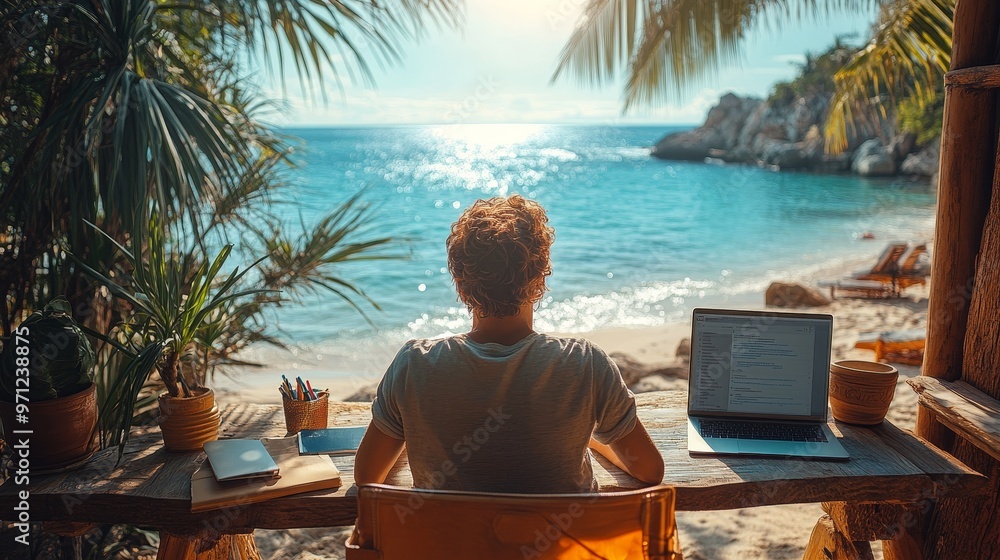 Digital nomad working on website development at a beach, remote work ...