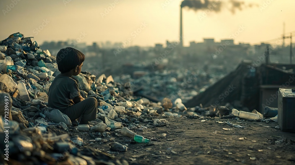 A child sits amidst a garbage dump, reflecting the harsh reality of ...