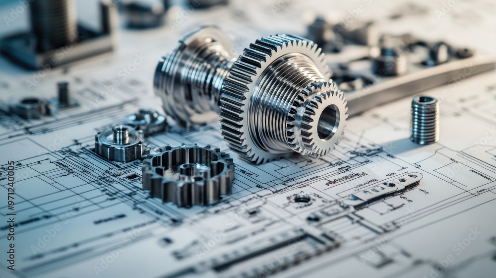 Mechanical gears and parts arranged on top of detailed engineering ...