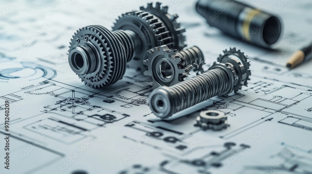 Mechanical gears and parts arranged on top of detailed engineering ...