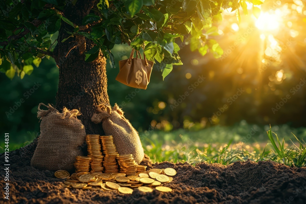 Conceptual image showing gold coins stacked under sunlight and a ...