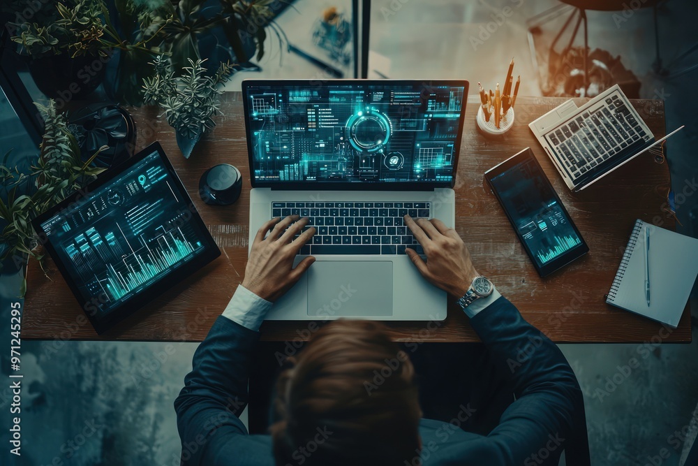 Corporate Technology Hub A business professional strategizes on a ...
