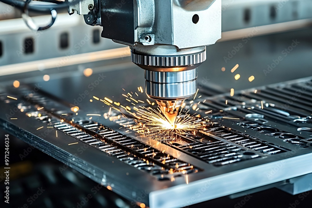 Cnc laser cutting machine works on a metal sheet in a busy factory ...