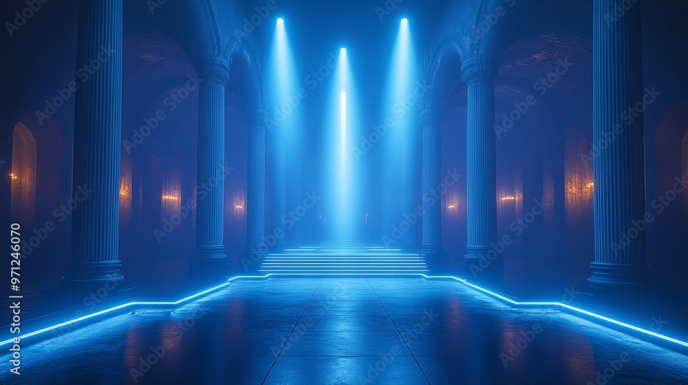 Laser lights creating an interlocking pattern, cool blue and white ...