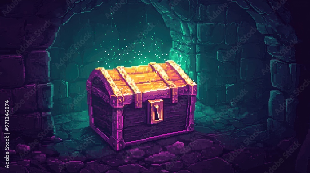 Pixelated treasure chest in an underground dungeon, glowing in pixel ...