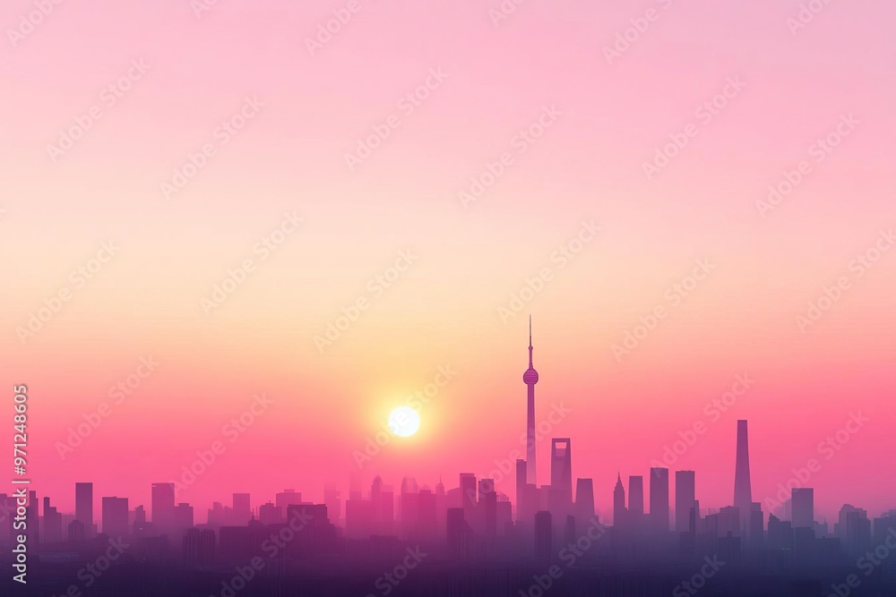 Breathtaking skyline view at sunset, featuring silhouettes of buildings ...