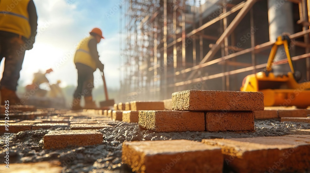 Construction workers laying bricks at a building site under a sunny sky ...
