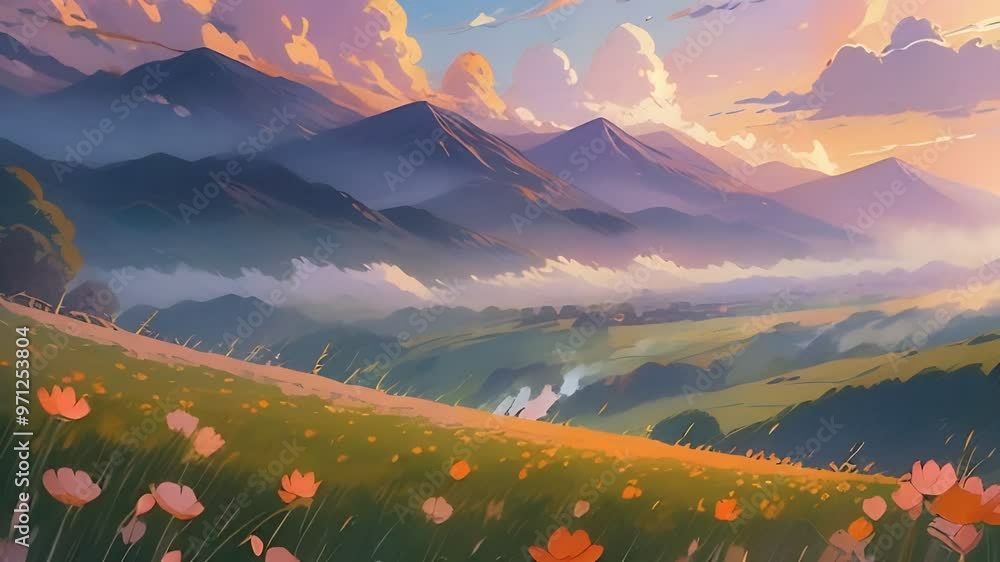 Colorful mountain landscape in anime style. High mountains and green ...