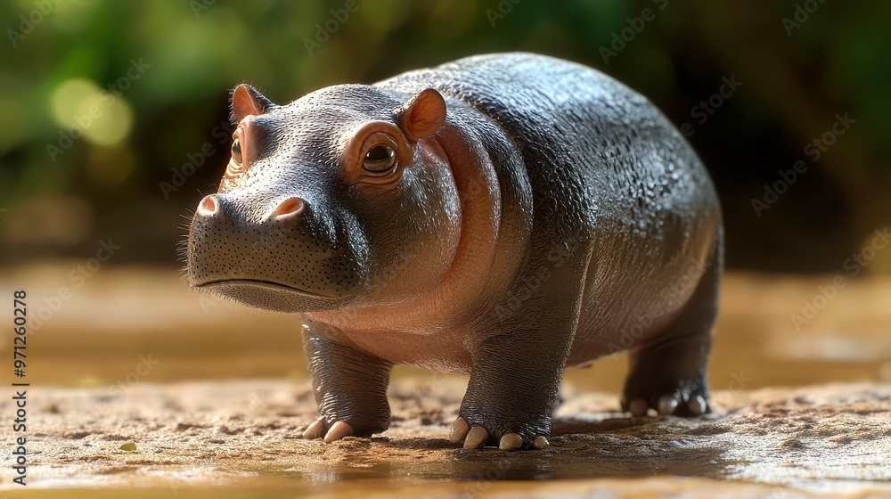 Pygmy Hippo Delight, a full-body portrayal of an adorable baby pygmy hippo, showcasing its round ...