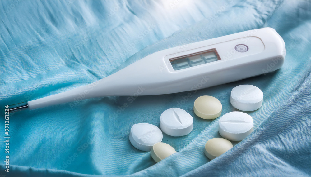 Illness and sickness, featuring symbols like a thermometer, pills, and ...