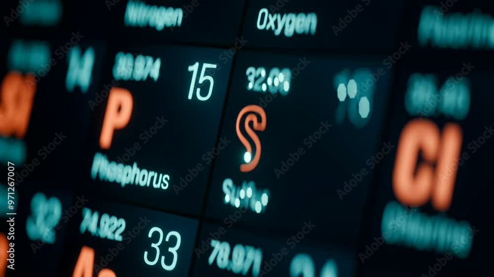 Sulfur, micro crystals, periodic table of the elements. Close-up of a ...
