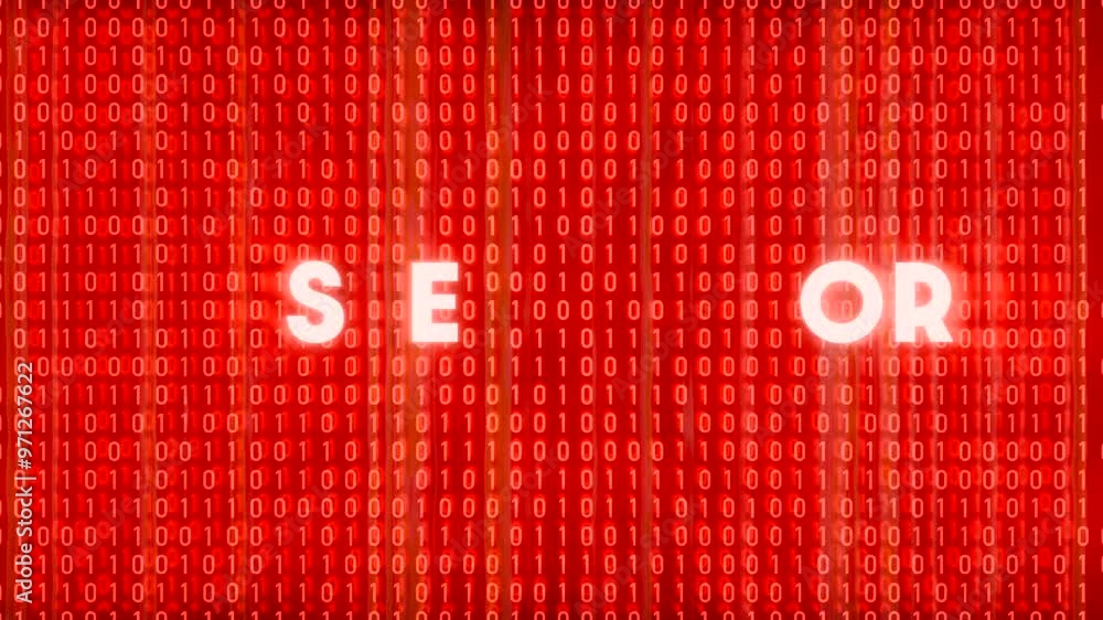 System Error, flickering white illuminated text, binary code, lines and stripes on the red ...