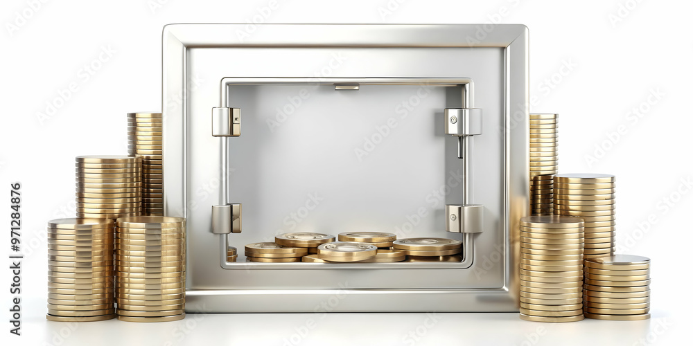 3D Border Frame with Safe Boxes and Coins Concept for Financial ...