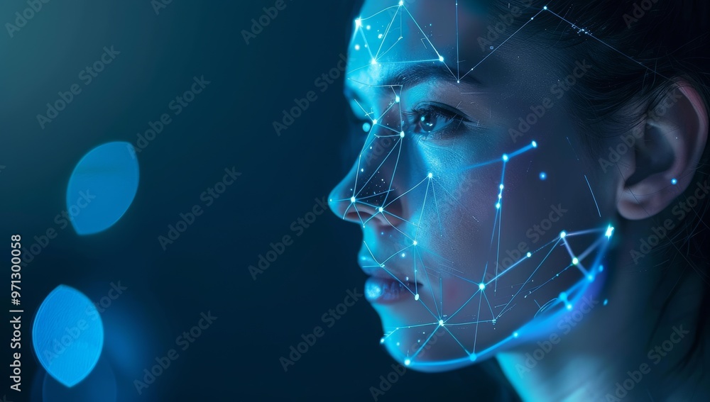 Beautiful woman is shown with an salon skincare AI face scan system ...