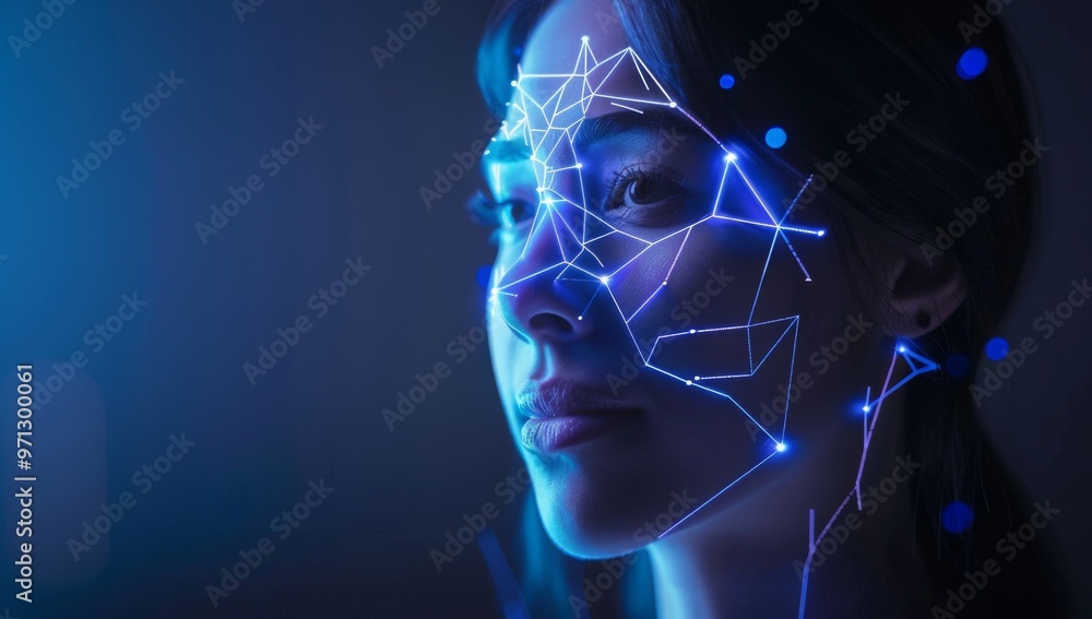 Beautiful woman is shown with an salon skincare AI face scan system ...