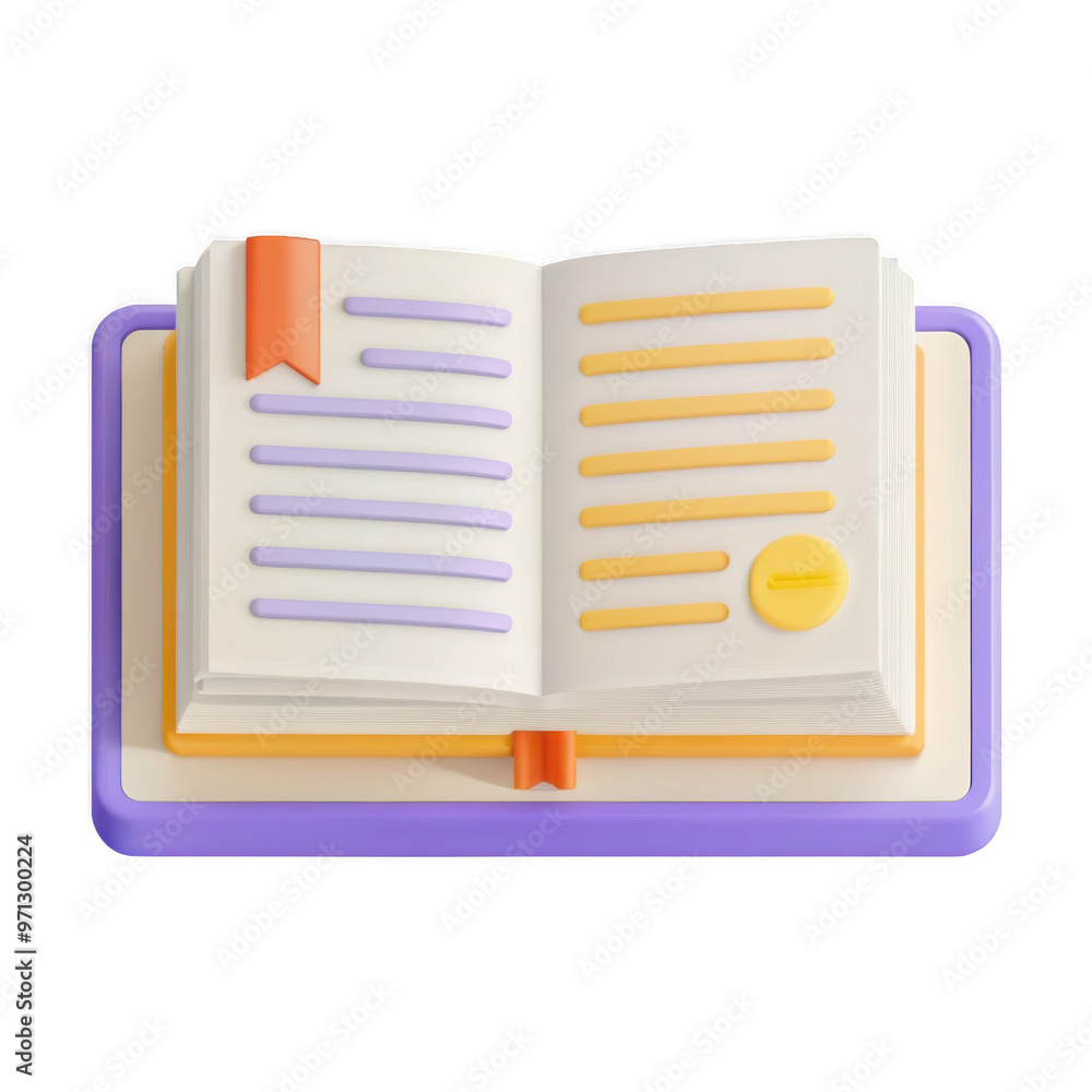3D rendering of an open book icon with text and colored labels. The ...