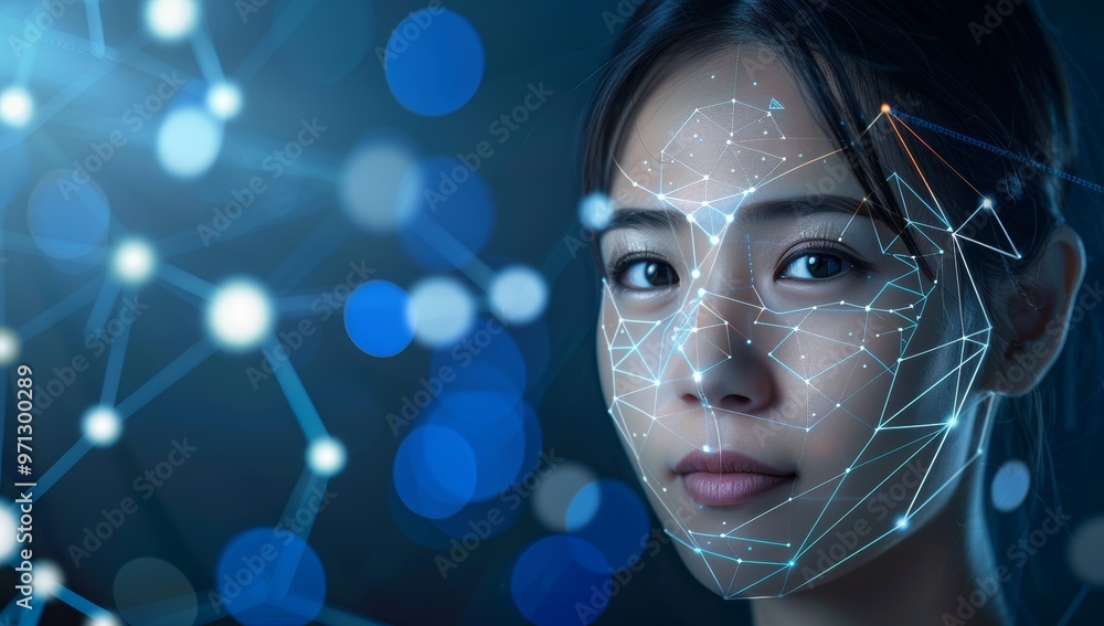 Beautiful woman is shown with an salon skincare AI face scan system ...