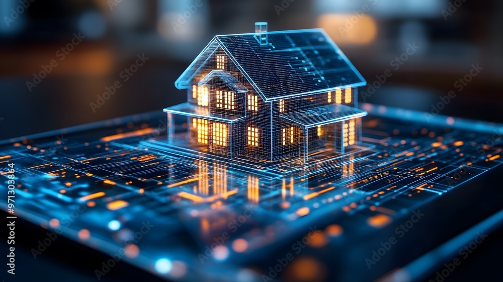 Virtual tablet showing real estate investment platform, with hologram ...