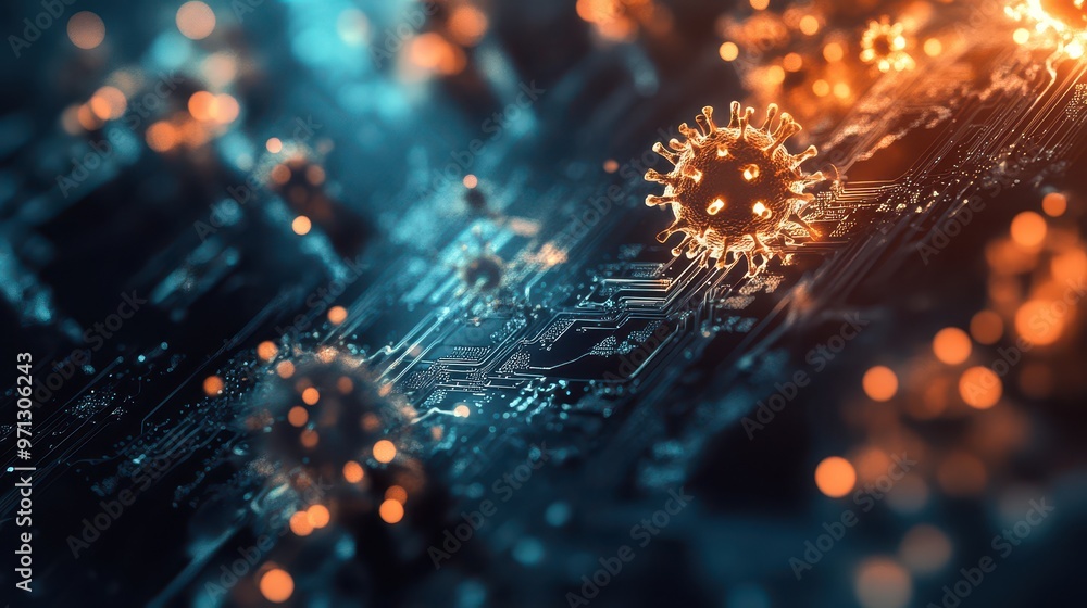 Macro image of a computer virus creeping into a digital environment ...