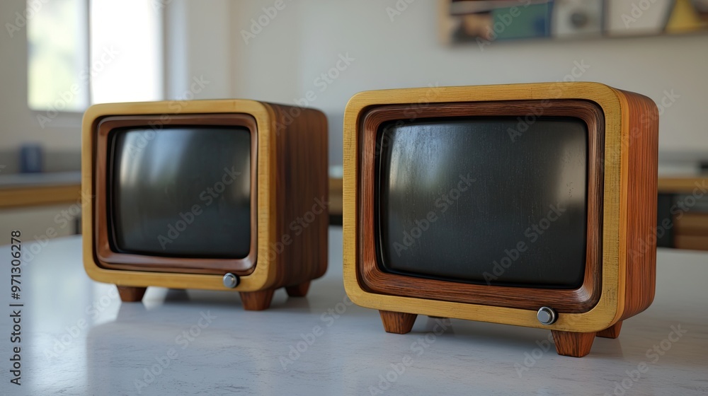 Classic wooden television from the 1970s era, with an old-school design ...