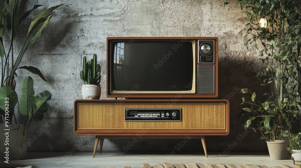 Classic wooden television from the 1970s era, with an old-school design ...