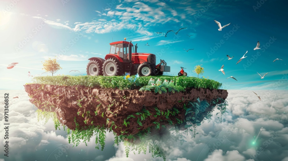 3d illustration of smart farming concept, tractor on a floating piece ...