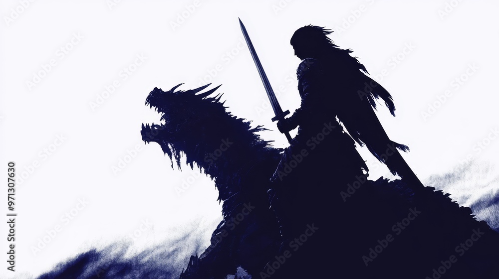 Vampire woman with a sword rides a demonic sinister horse in plate ...