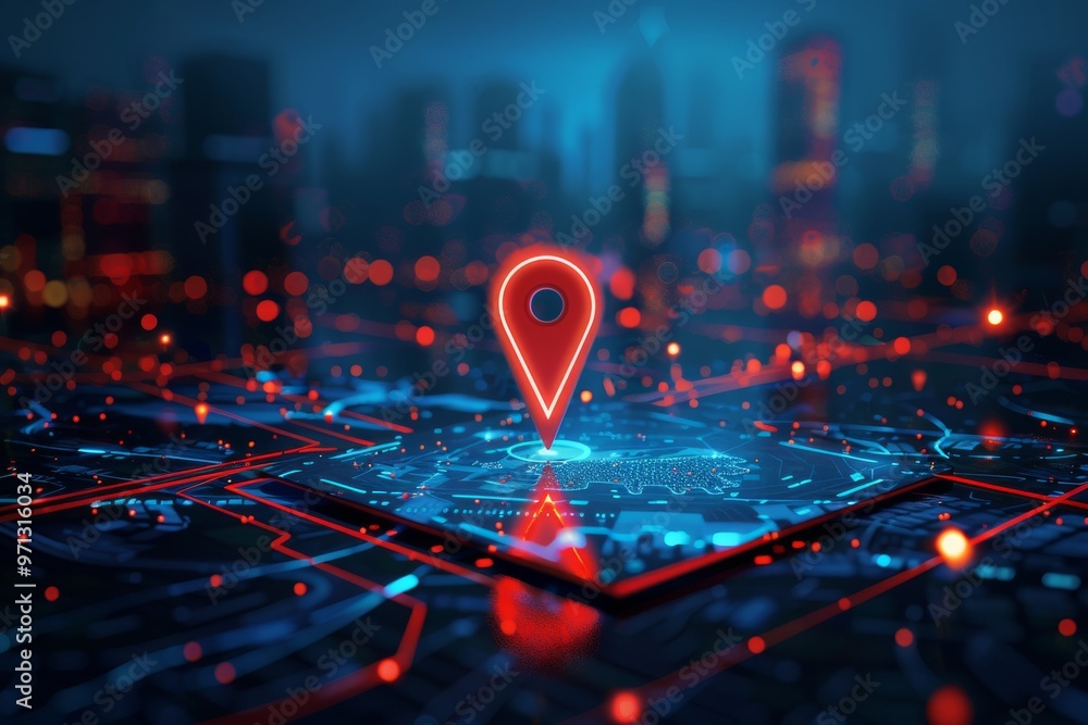 Digital map with location pin on city background, AI technology concept ...